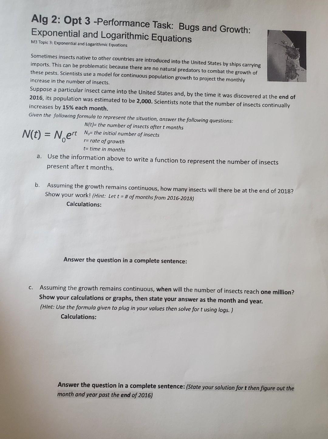 Solved Alg 2: Opt 3 -Performance Task: Bugs and Growth: | Chegg.com