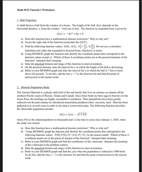 Solved Math 0132 Tutorial I Worksheet 1. Ball Trajectory A | Chegg.com