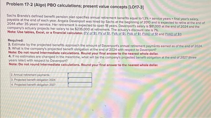 Solved Problem 17-2 (Algo) PBO calculations; present value | Chegg.com