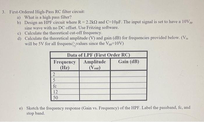 Solved 3. First-Ordered High-Pass RC filter circuit: a) What | Chegg.com