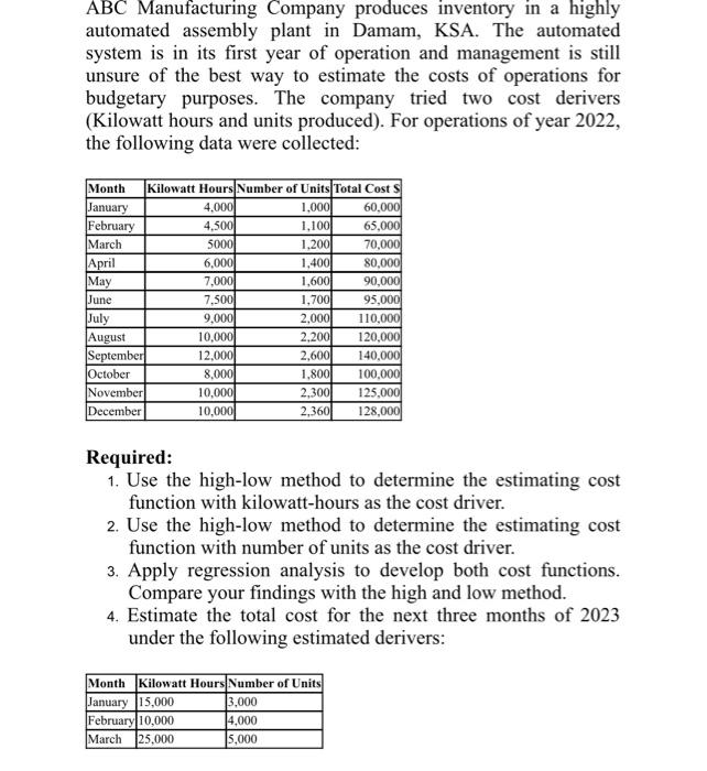 Solved ABC Manufacturing Company produces inventory in a | Chegg.com
