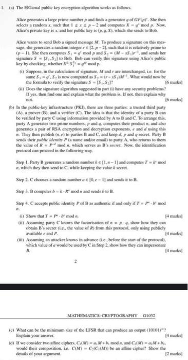 1.) The Gamal public key encryption algorithm works | Chegg.com