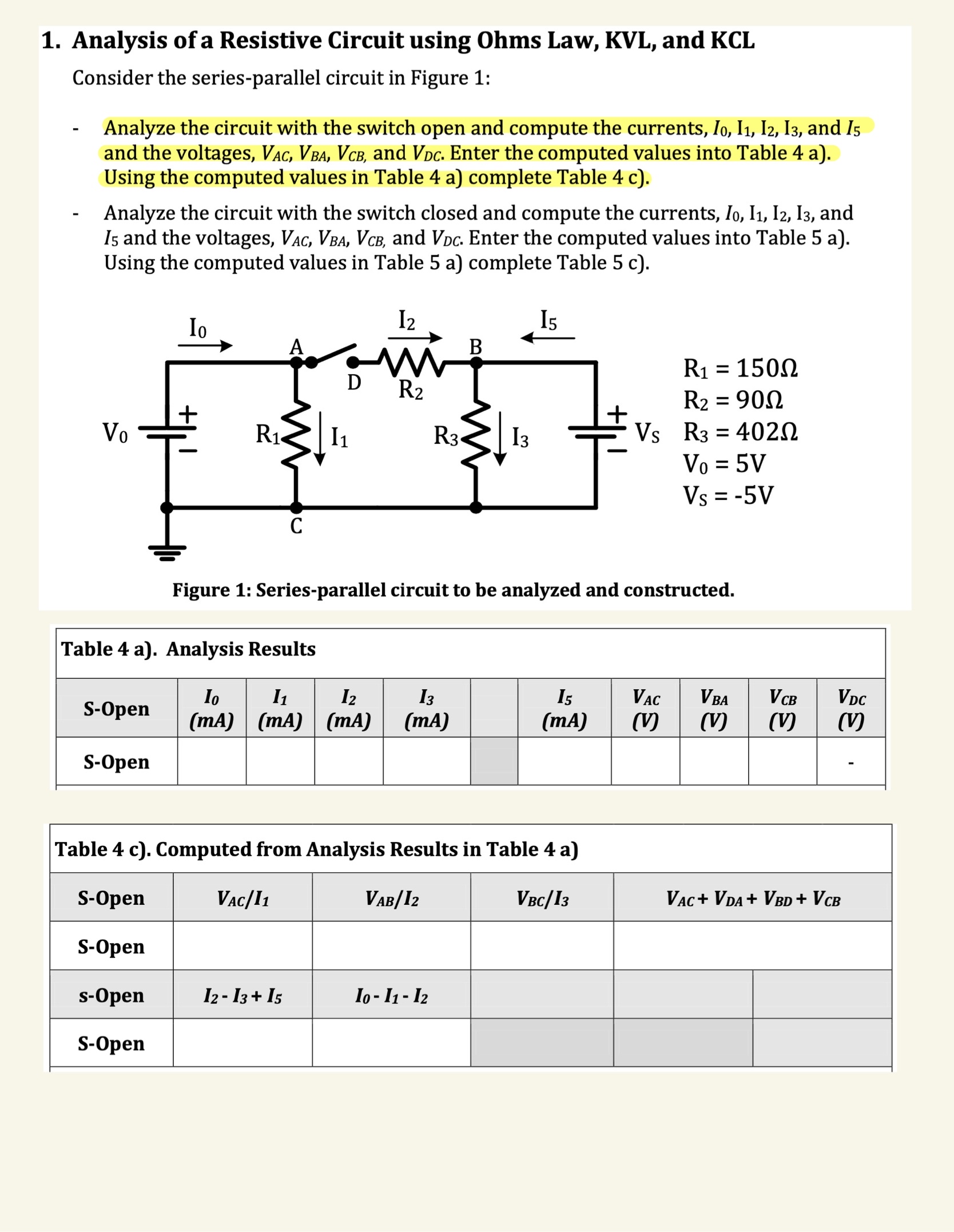 Solved Please help analyze circuit with switch OPEN and help | Chegg.com
