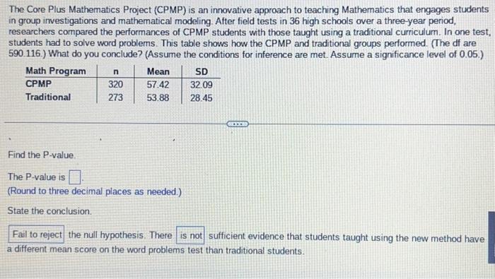 Solved The Core Plus Mathematics Project (CPMP) is an | Chegg.com