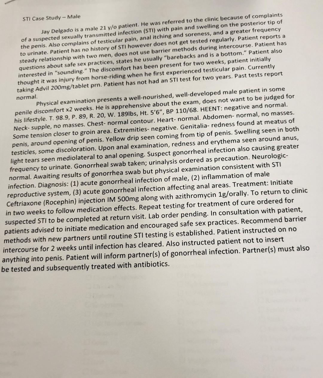 Solved STI Case Study-Male Jay Delgado is a male 21y/o | Chegg.com