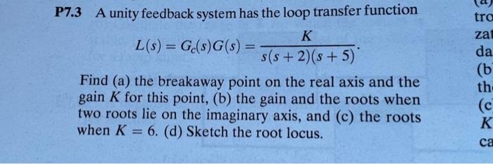 Solved P7.3 A unity feedback system has the loop transfer | Chegg.com