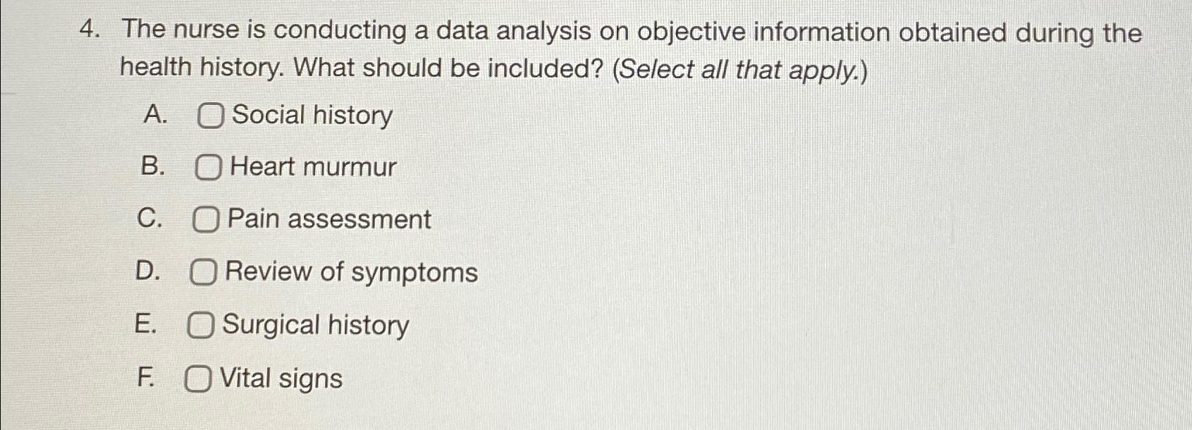 Solved The nurse is conducting a data analysis on objective | Chegg.com