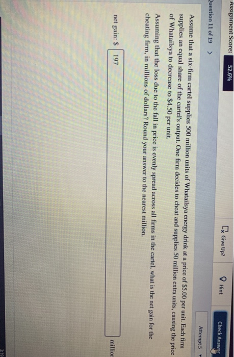 Solved Assignment Score: 52.6% Ex Give Up? O Hint Check | Chegg.com