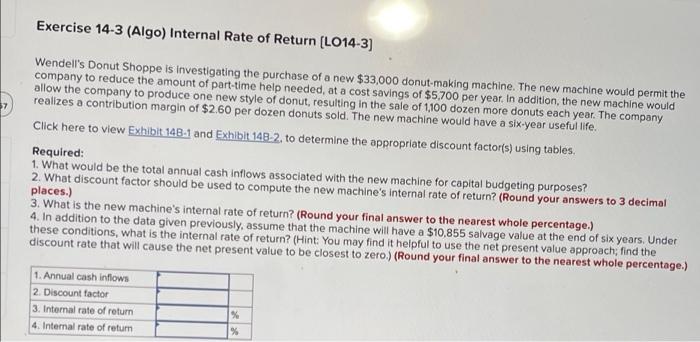 Solved Exercise 14-3 (Algo) Internal Rate of Return [LO14-3] | Chegg.com