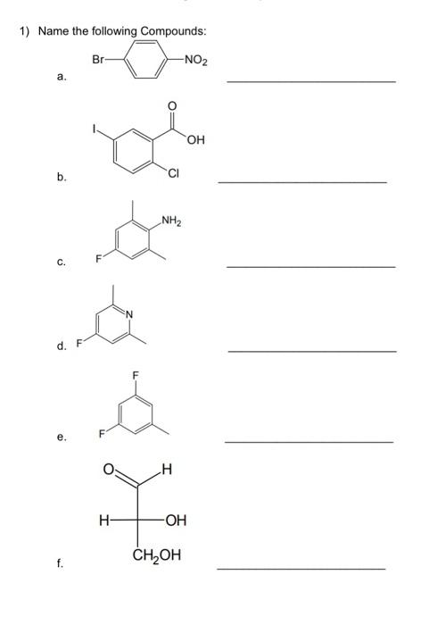 Solved 1) Name the following Compounds: a. b. c. d. e. f. | Chegg.com