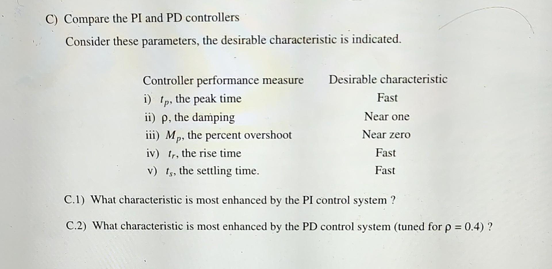 Solved C) Compare the PI and PD controllers Consider these | Chegg.com