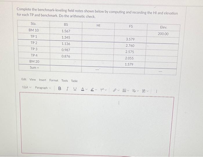 Solved Complete the benchmark-leveling field notes shown | Chegg.com