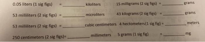 Solved 0.05 liters ( 1 sig figs) = kiloliters 15 milligrams | Chegg.com