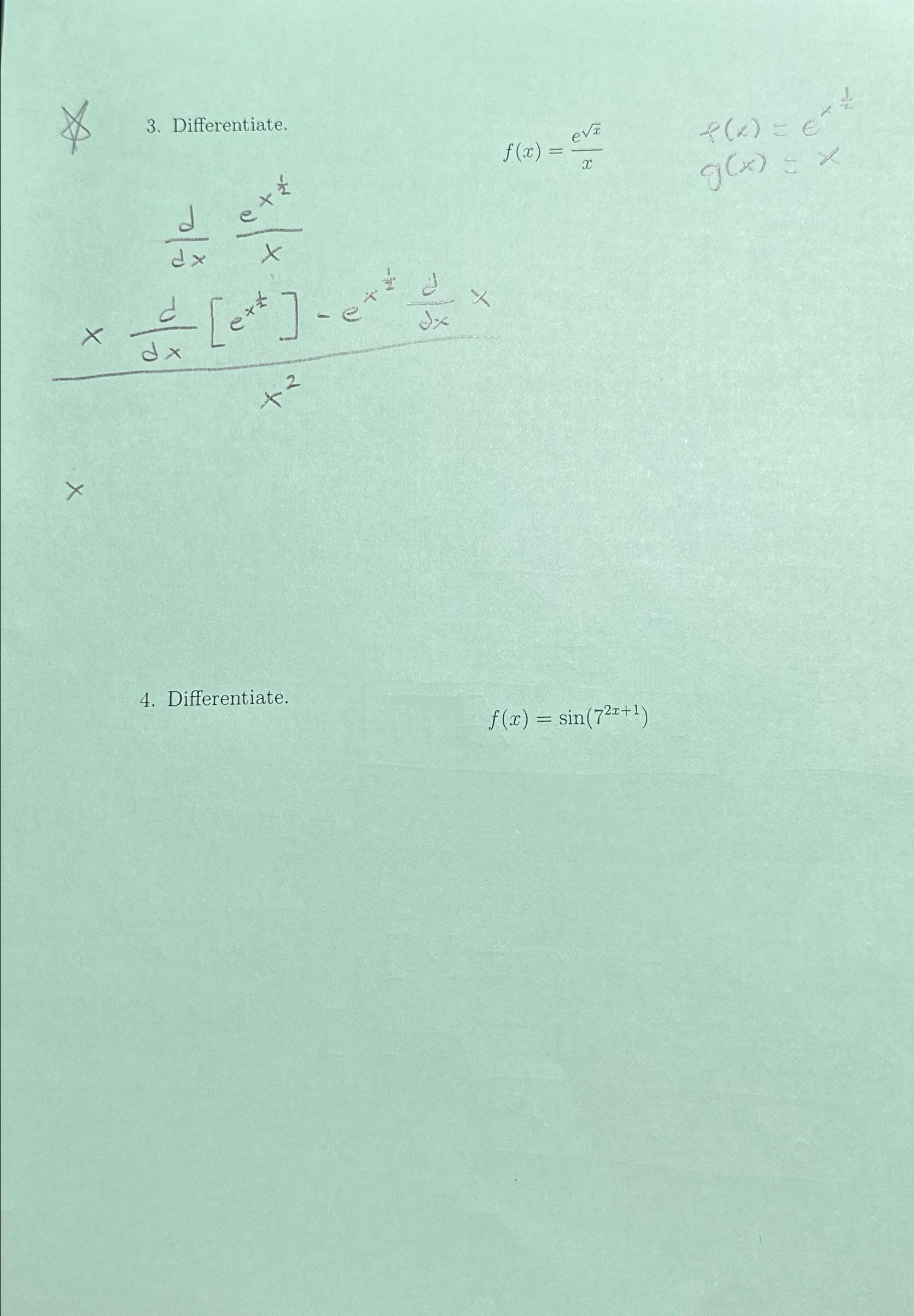 Solved Differentiate.f(x)=ex2xf(x)=ex12g(x)=xddxex12xxddx[ex | Chegg.com