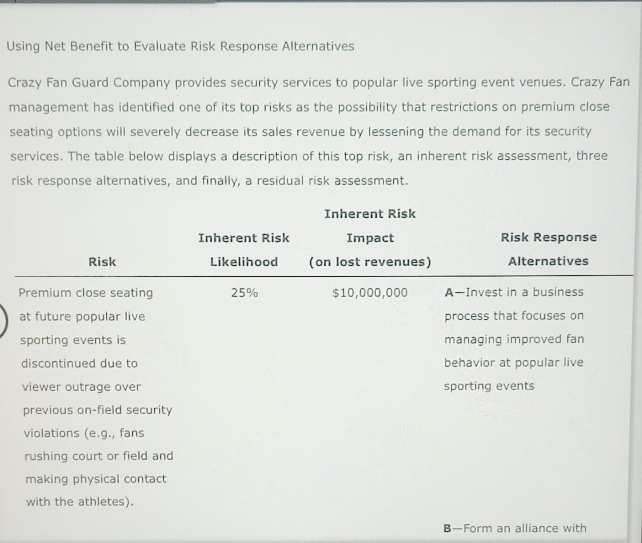 Solved Using Net Benefit to Evaluate Risk Response | Chegg.com