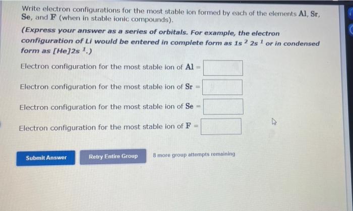 Solved Write electron configurations for the most stable ion | Chegg.com