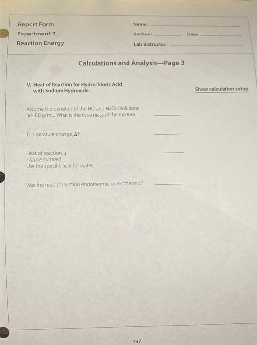 Name Report Form Experiment 7 Reaction Energy