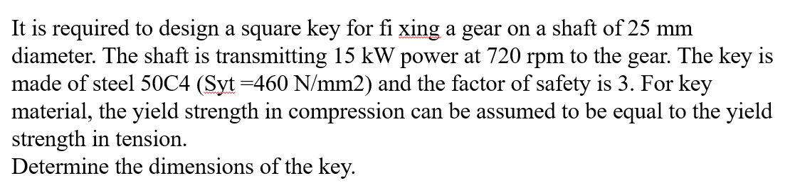 Solved It is required to design a square key for fi xing a | Chegg.com