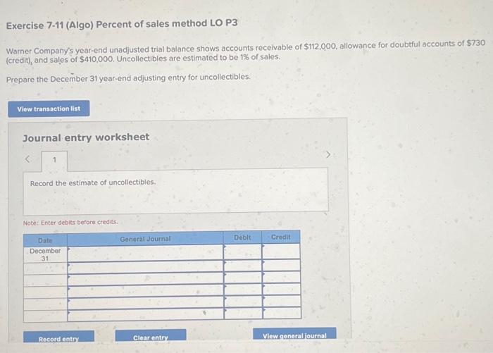 Solved Exercise 7-11 (Algo) Percent of sales method LO P3 | Chegg.com