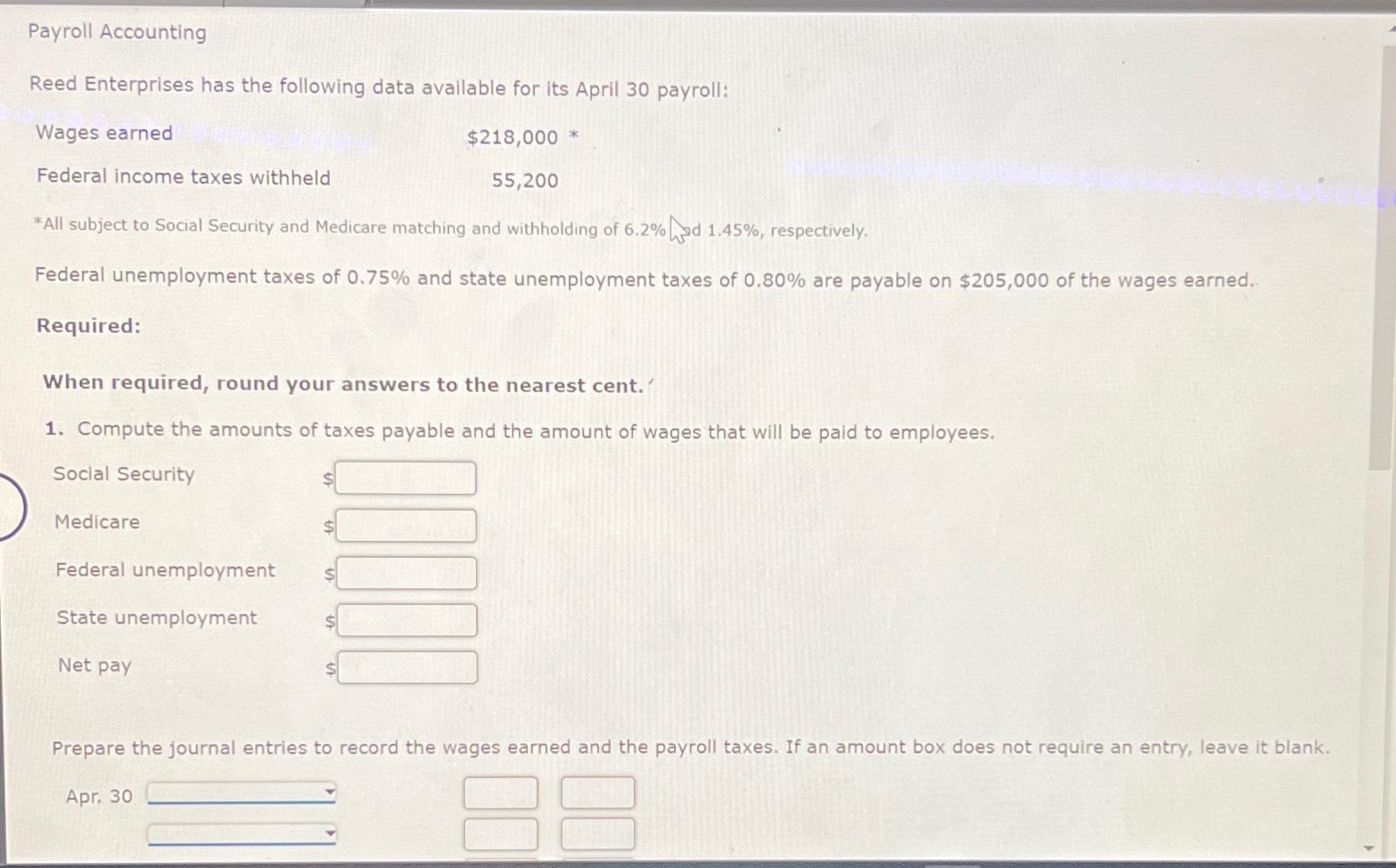 Solved Payroll AccountingReed Enterprises has the following | Chegg.com