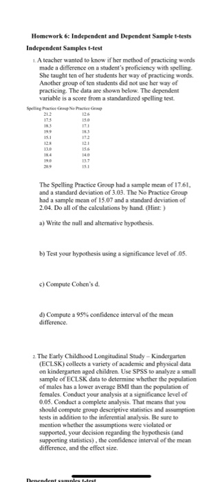 Homework 6: Independent and Dependent Sample t-tests | Chegg.com