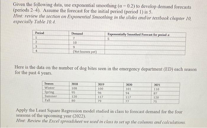 Solved Given the following data, use exponential smoothing | Chegg.com