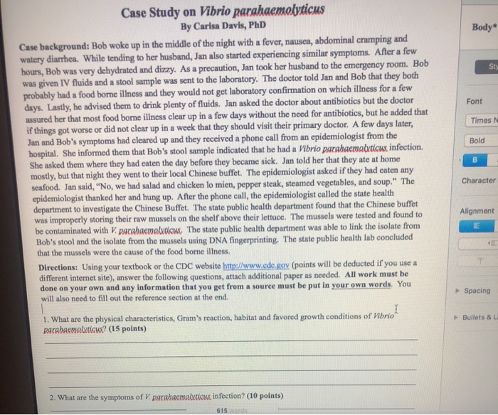 Solved Body SE Font Times Bold Case Study on Vibrio | Chegg.com