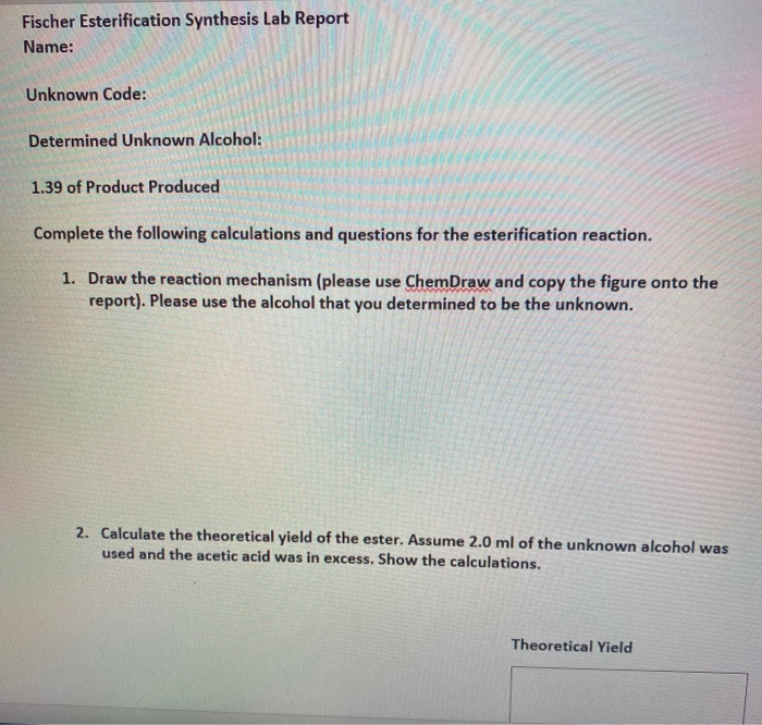fischer esterification lab report chegg