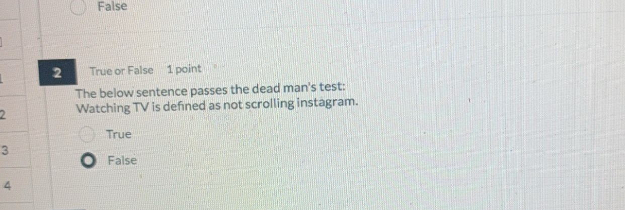 Solved FalseTrue or False 1 ﻿pointThe below sentence passes | Chegg.com