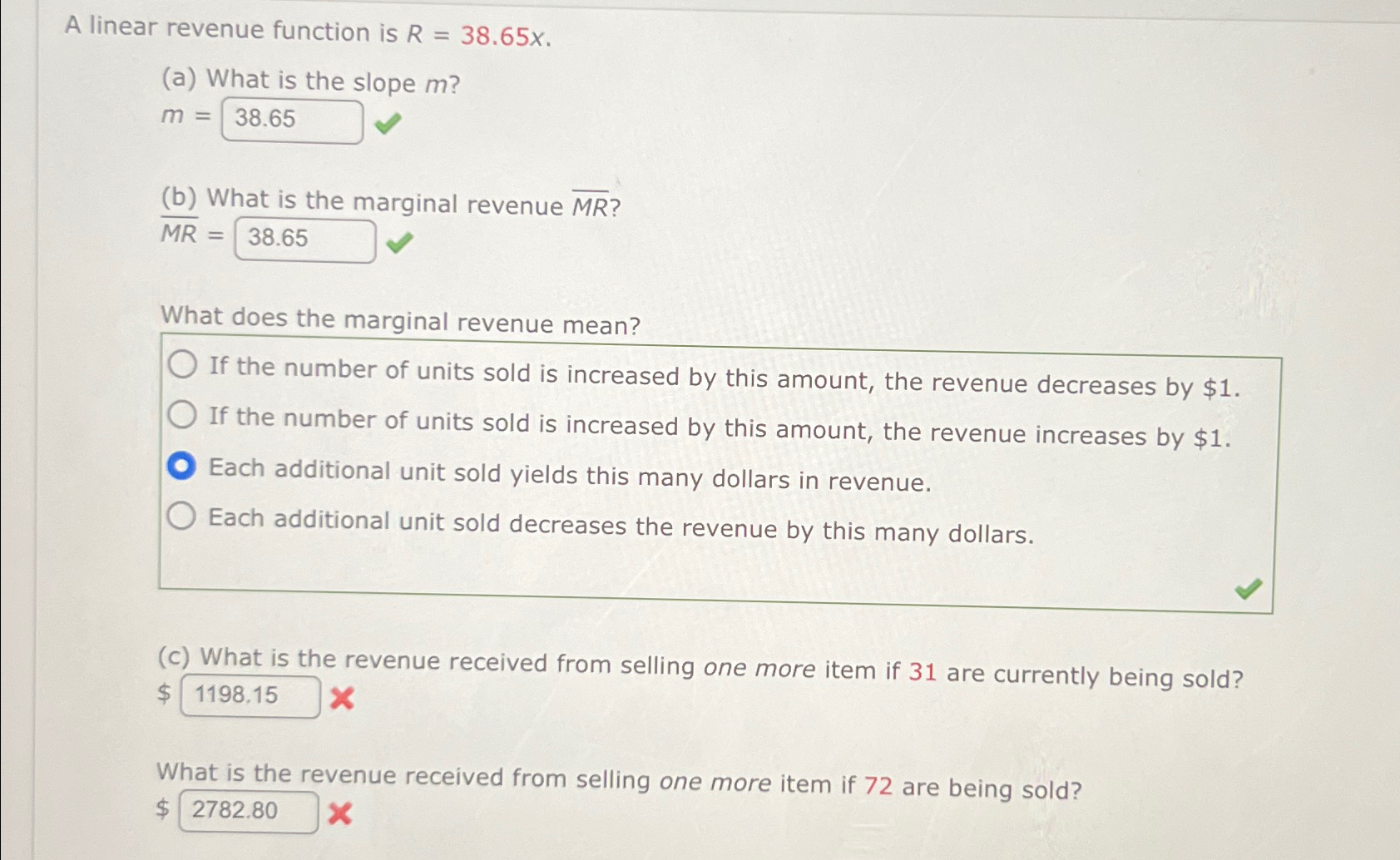 Solved A linear revenue function is R=38.65x.(a) ﻿What is | Chegg.com