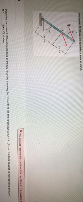 Solved Two parallel 68 forces are pled to lever as shown | Chegg.com