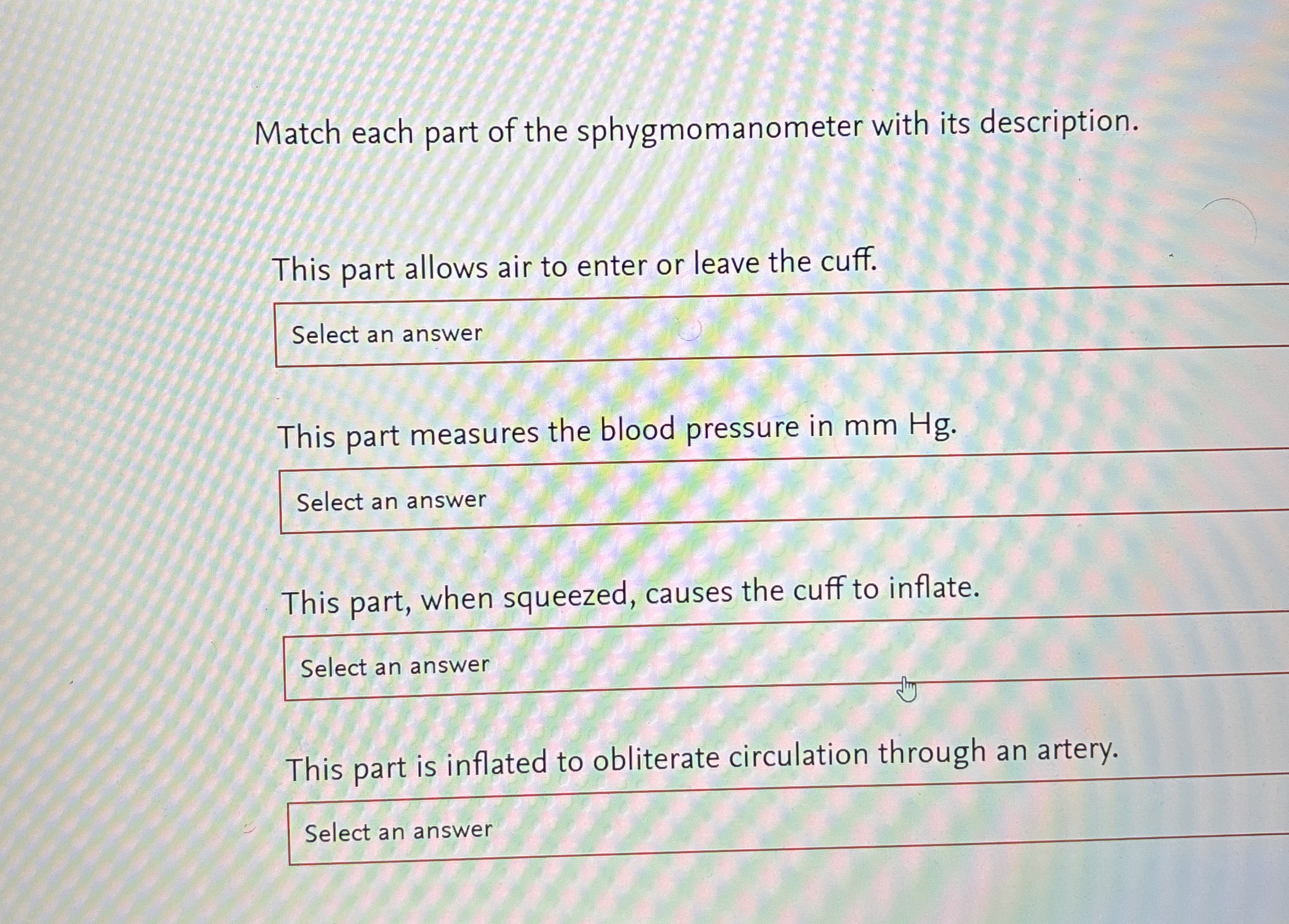 Solved Match each part of the sphygmomanometer with its | Chegg.com