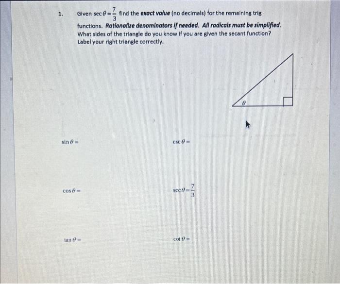 Solved Given secθ=37 find the exact value (no decimals) for | Chegg.com