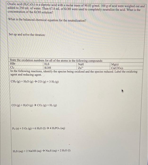 Solved Oxalic acid (H2C4O2) is a diprotic acid with a molar | Chegg.com