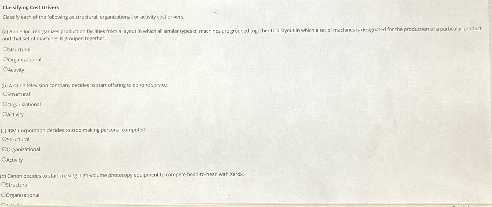 Solved Classifying Cost DriversClassify each of the | Chegg.com