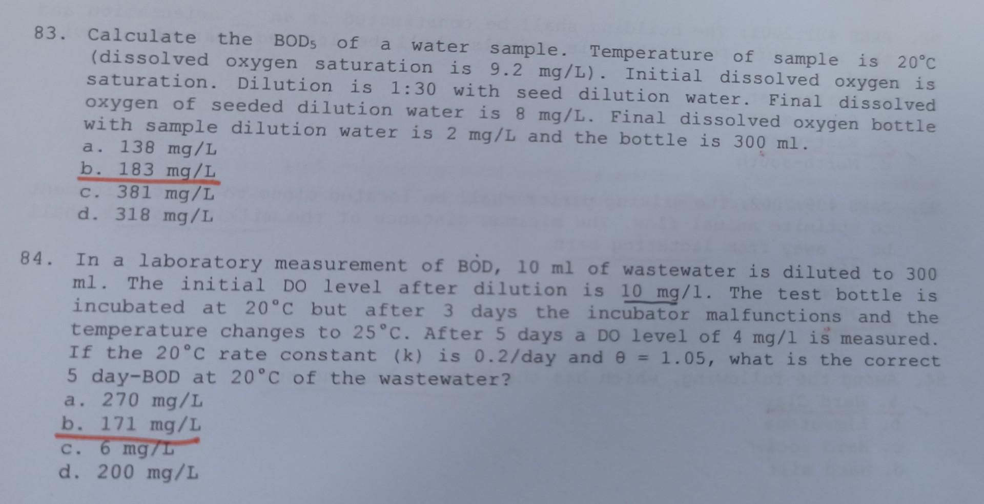 Solved 83. Calculate the BOD 5 of a water sample. | Chegg.com