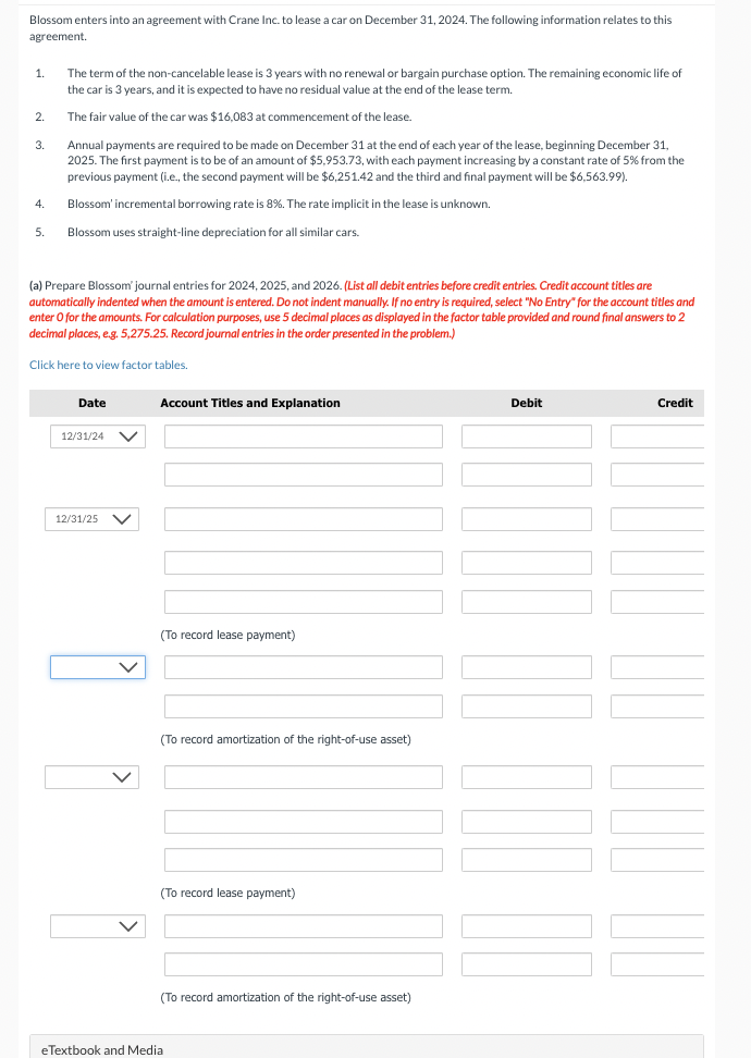 Solved Blossom enters into an agreement with Crane Inc. to | Chegg.com