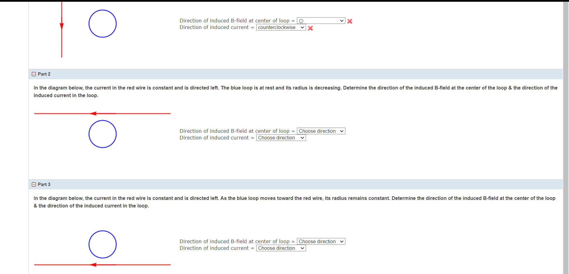 Direction of induced B-field at center of loop | Chegg.com