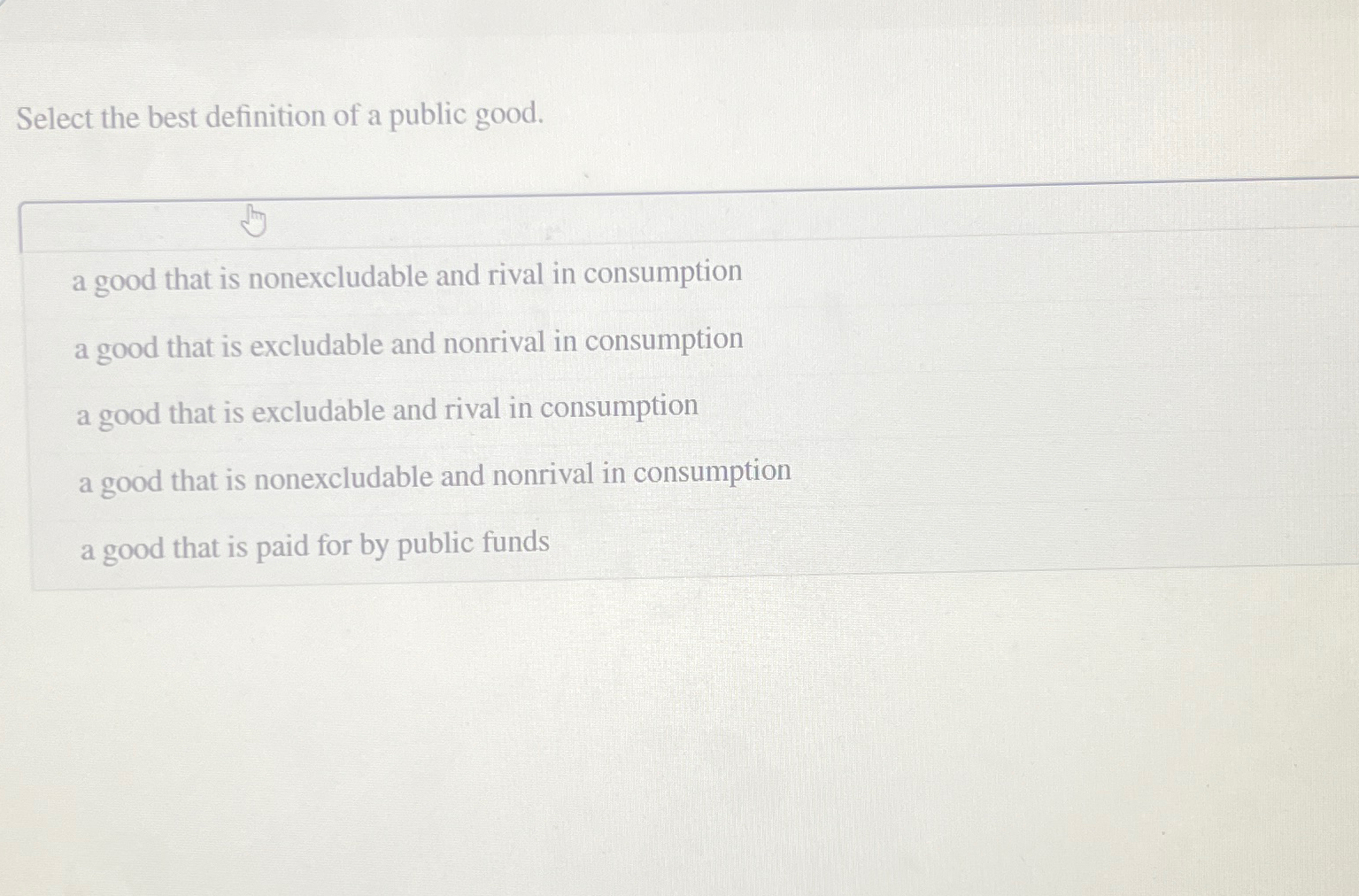 Solved Select the best definition of a public good.a good | Chegg.com