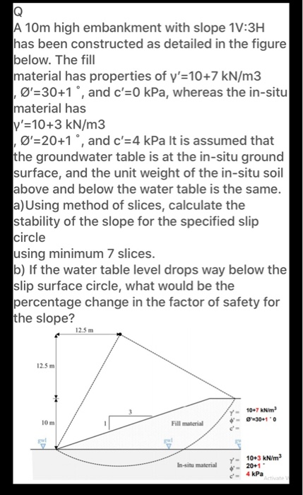 Solved A 10m high embankment with slope 1V:3H has been | Chegg.com