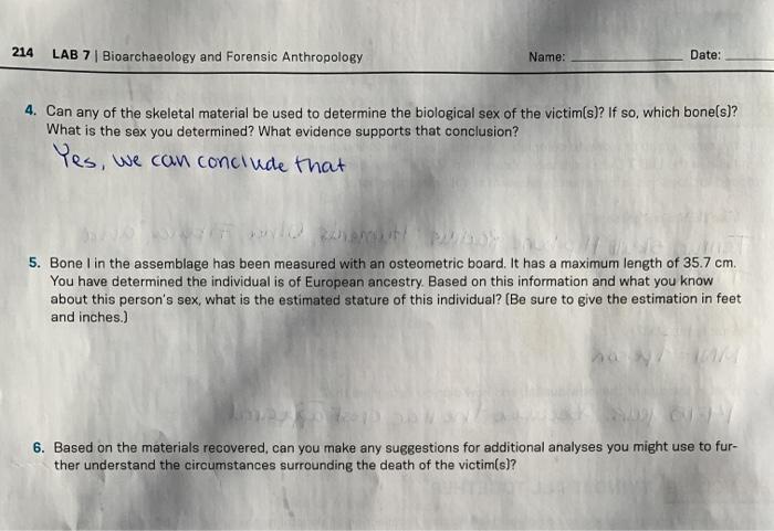 214 LAB 7 | Bioarchaeology and Forensic Anthropology | Chegg.com