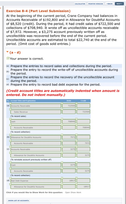 Solved CALCULATOR PRINTER VERSION BACK NEXT Exercise 8-4 | Chegg.com