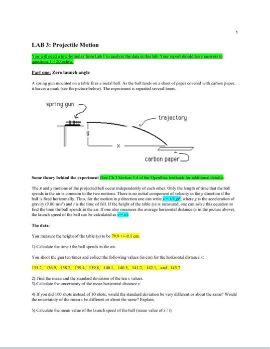 LAB 3: Projectile Motion You will need a few | Chegg.com