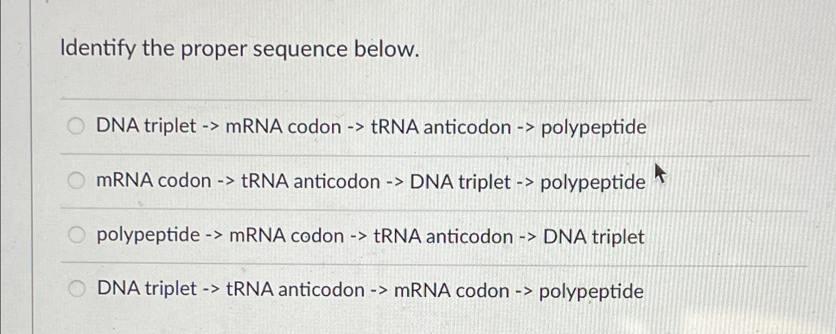 Solved Identify the proper sequence below.DNA triplet → | Chegg.com