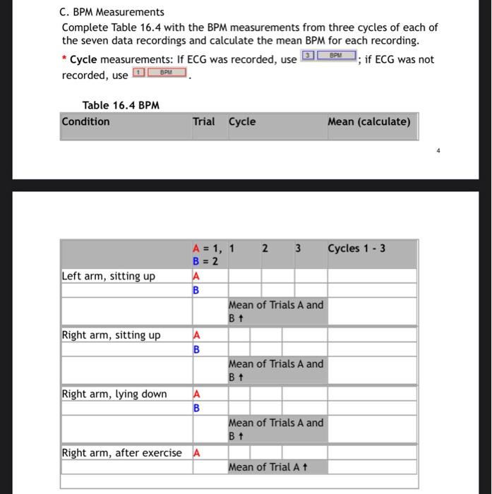 Solved C. BPM Measurements Complete Table 16.4 with the BPM | Chegg.com