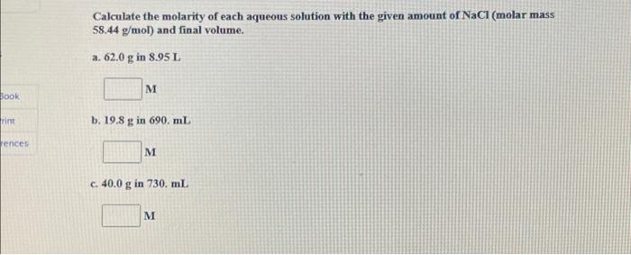 Solved Calculate the molarity of each aqueous solution with | Chegg.com