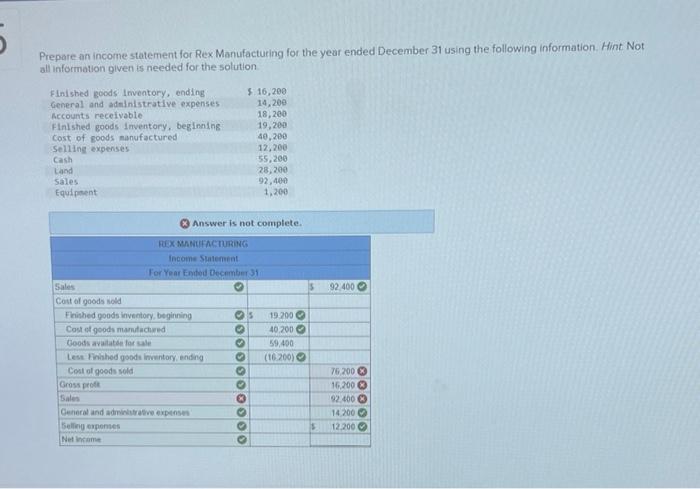 Solved Prepare an income statement for Rex Manufacturing for | Chegg.com