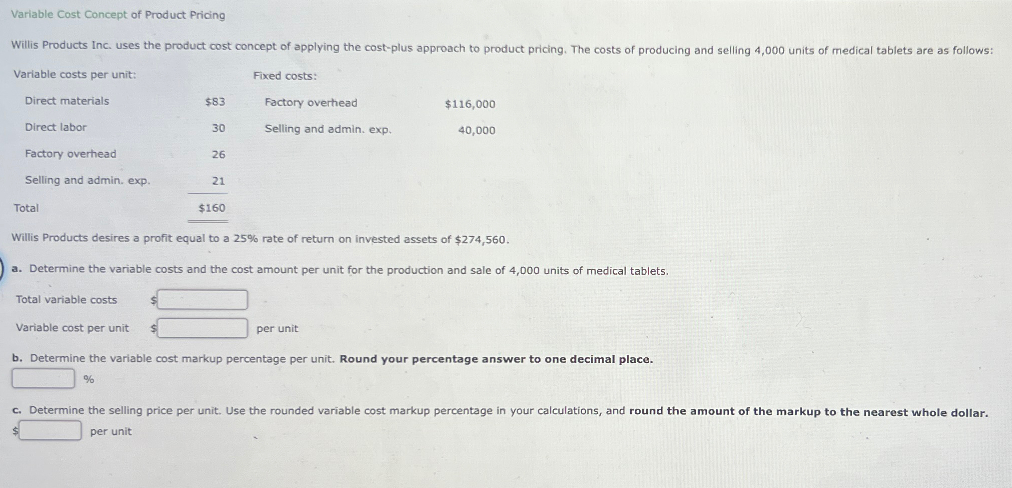 Solved Variable Cost Concept of Product PricingWillis | Chegg.com