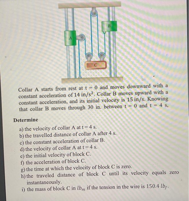Solved Collar A starts from rest at t=0 and moves downward | Chegg.com