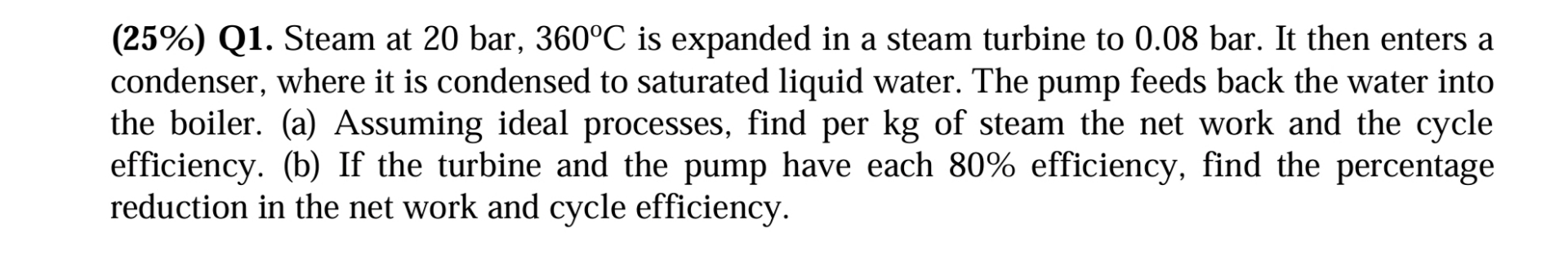Solved (25%) ﻿Q1. ﻿Steam at 20bar ,360°C ﻿is expanded in a | Chegg.com